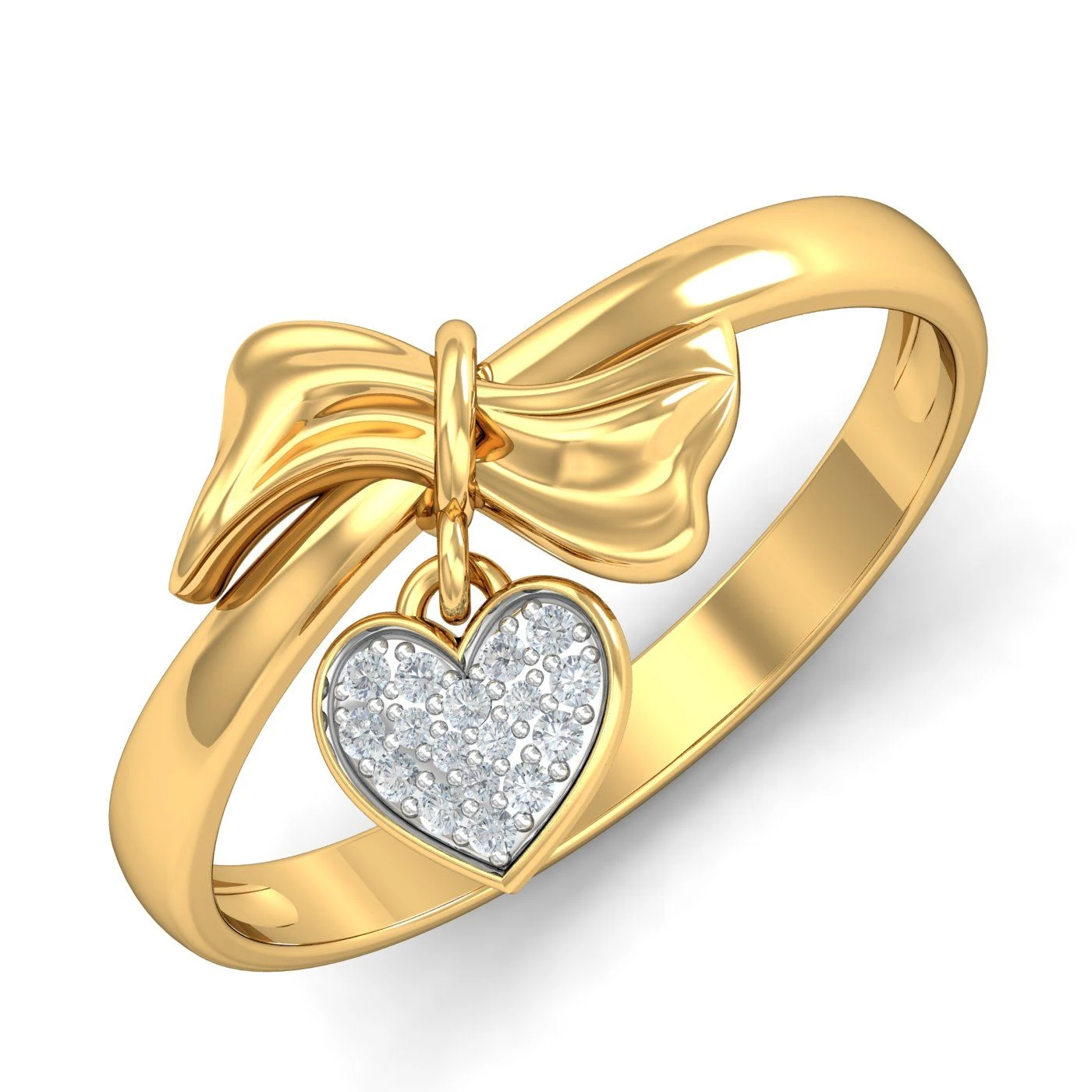 Yellow Gold Dangling Heart Bow Ring